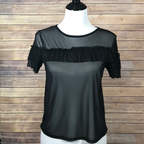 Tops | Sheer Ruffled Black Top | Poshmark